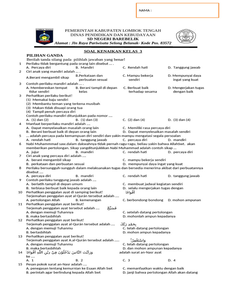 Soal Uts Pai KLS 3 Acc | PDF