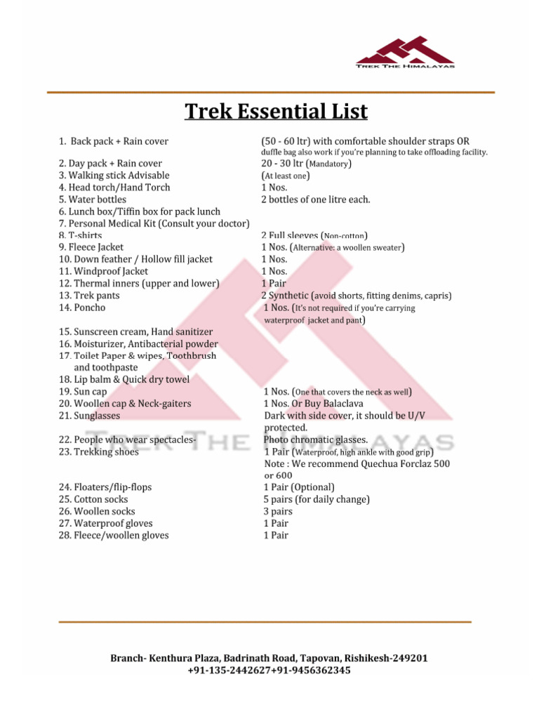 Trek Essential List For HKD | PDF