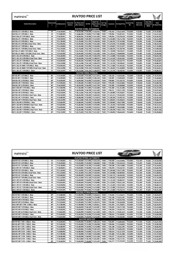 XUV700-PRICE LIST JULY Wef 09-07-2024 | PDF