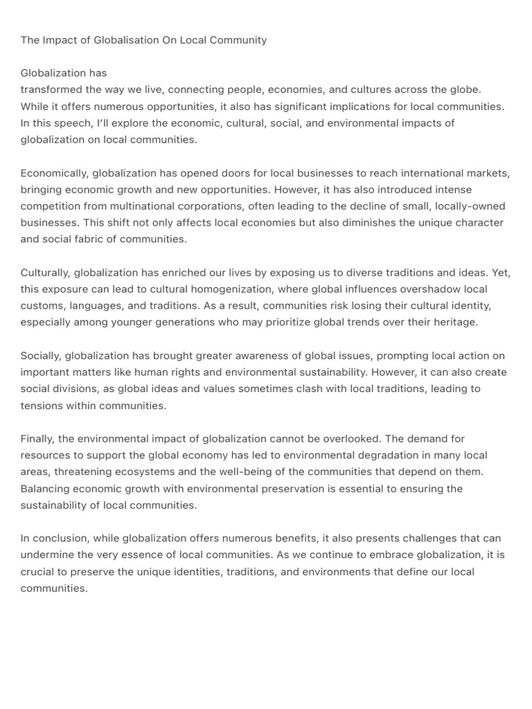 The Impact of Globalisation On Local Community | PDF