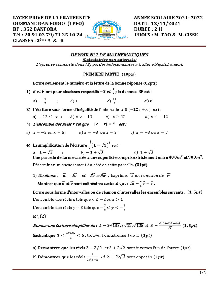 DEVOIR 2 DE MATH 3eme CSFO 2021 | PDF