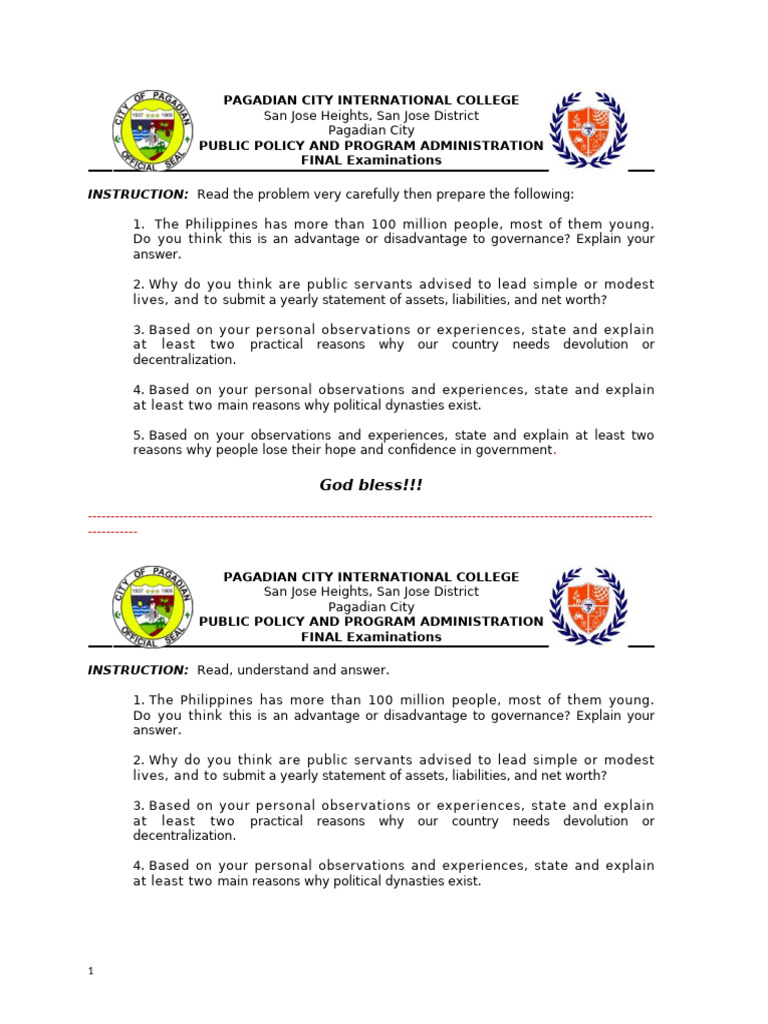 Public Policy and Program Administration-Final Exam | PDF