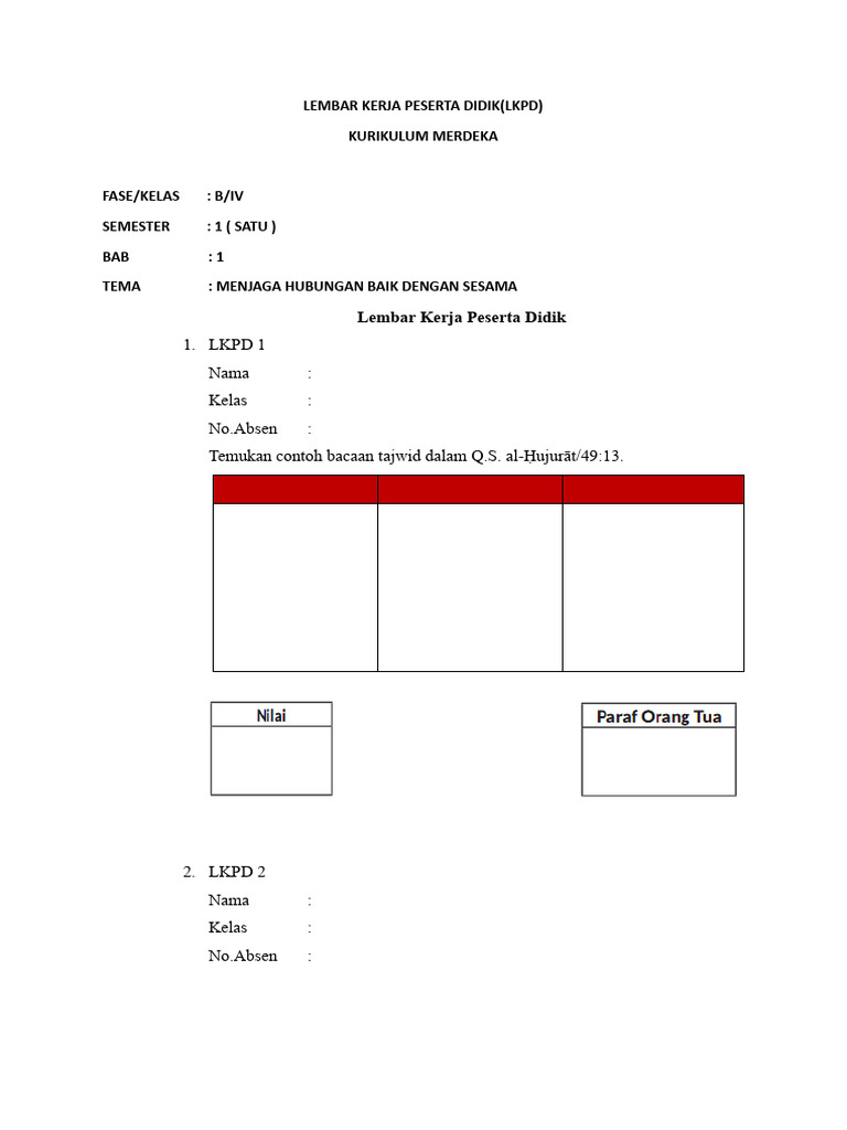 LKPD Kumer KLS 4 Sem 1 | PDF