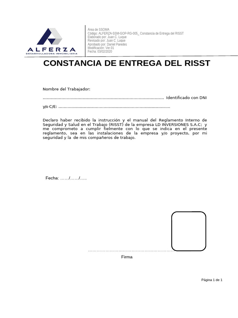 Alferza-Ssm-Gop-Rg-005 Constancia de Entrega Del Risst | PDF