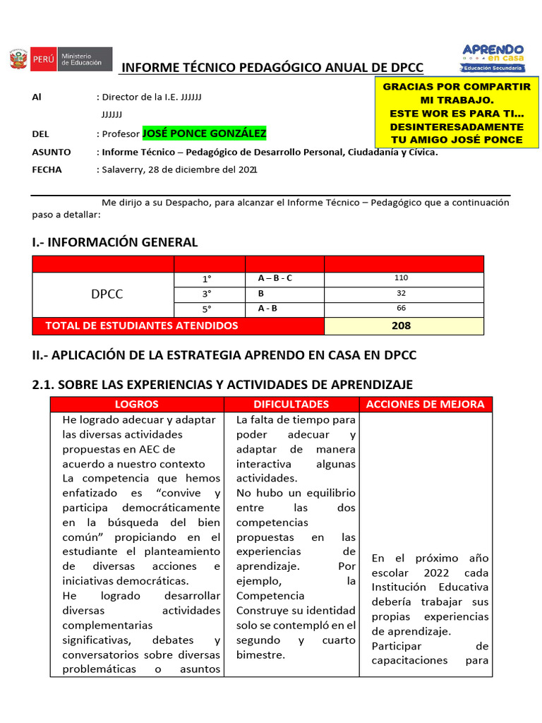 Informe Técnico Pedagógico de DPCC | PDF