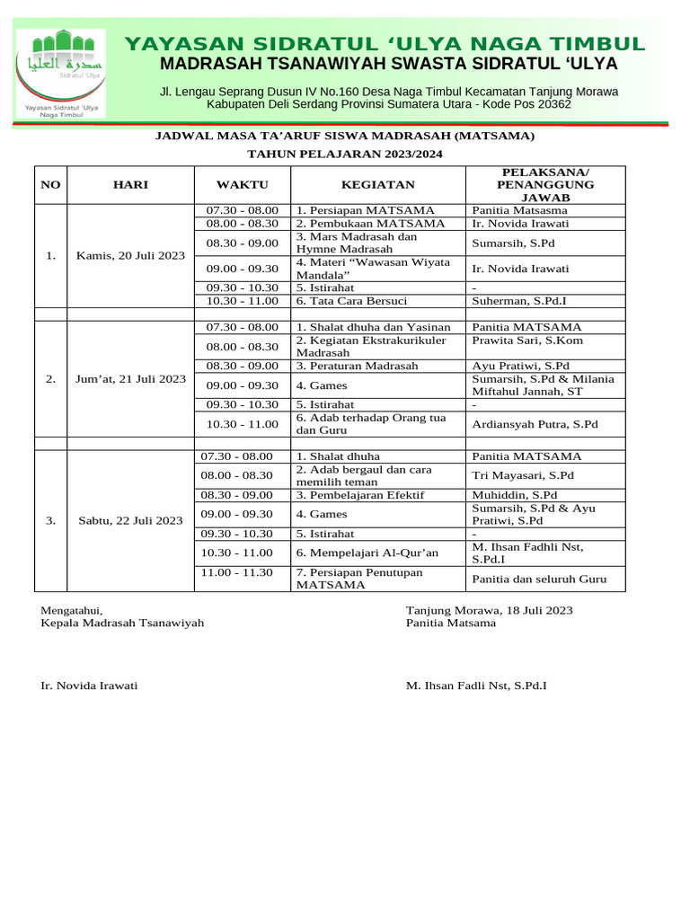Jadwal Kegiatan Matsama MTS | PDF