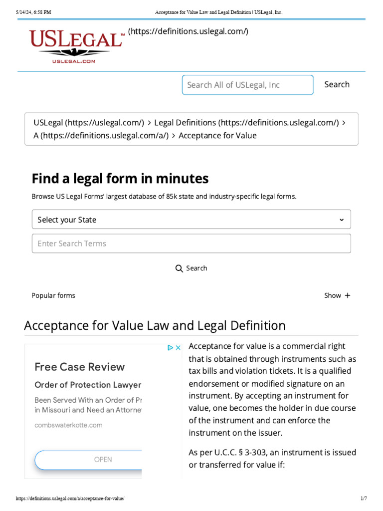 Acceptance For Value Law and Legal Definition - USLegal, Inc | PDF