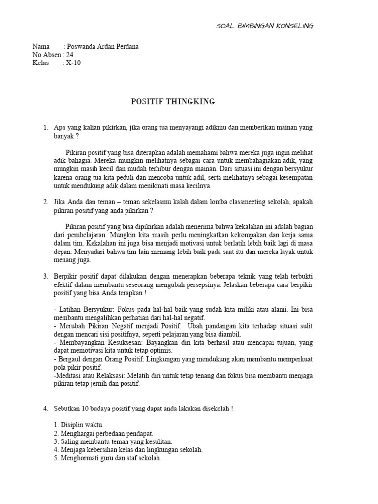Poswanda Ardan Perdana - 24 - X-10.soal. Positif Thingking | PDF