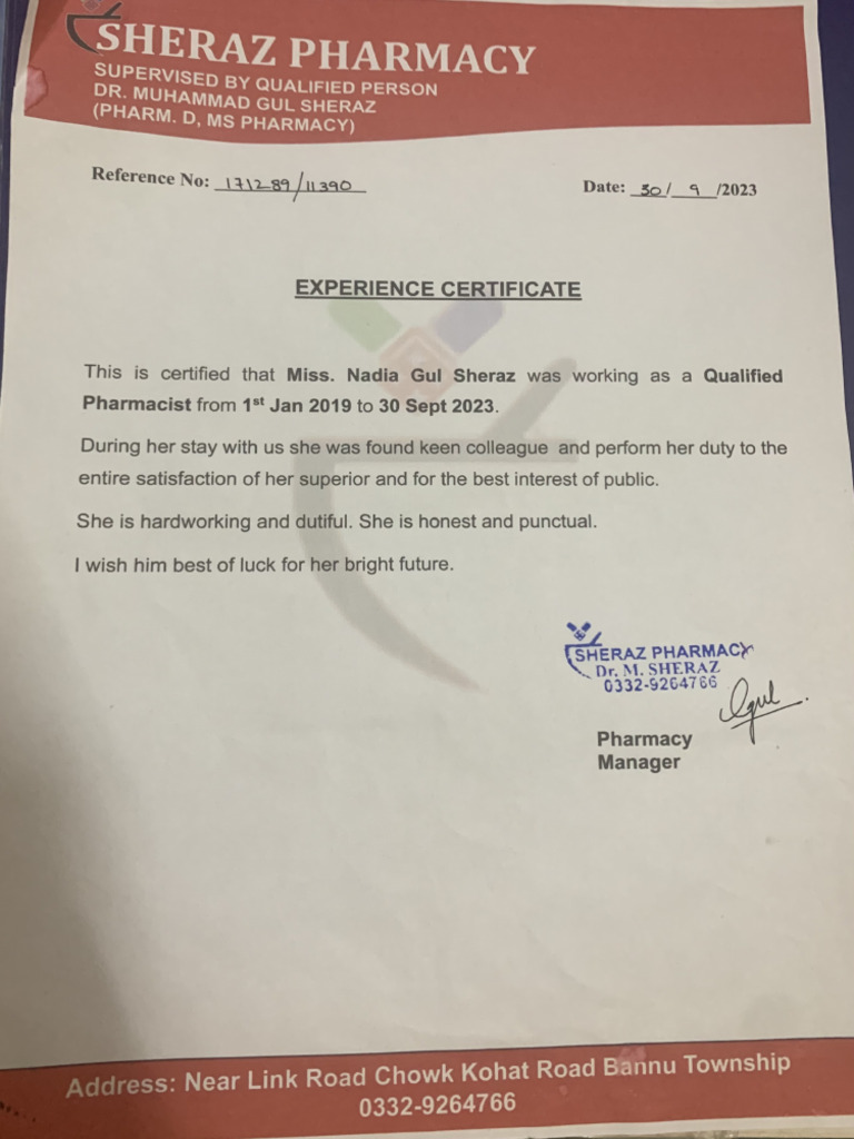 Sheraz Pharmacy Experience Letter | PDF