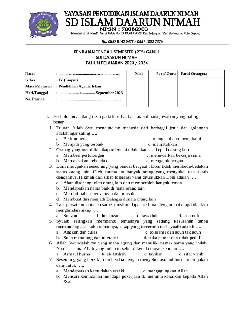 Soal Pai KLS 4 Uts Smester Ganjil 2023 | PDF