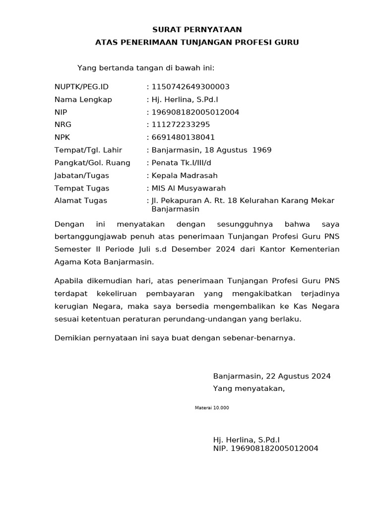 Contoh SPTJM TPG PNS Semester 2 2024 | PDF