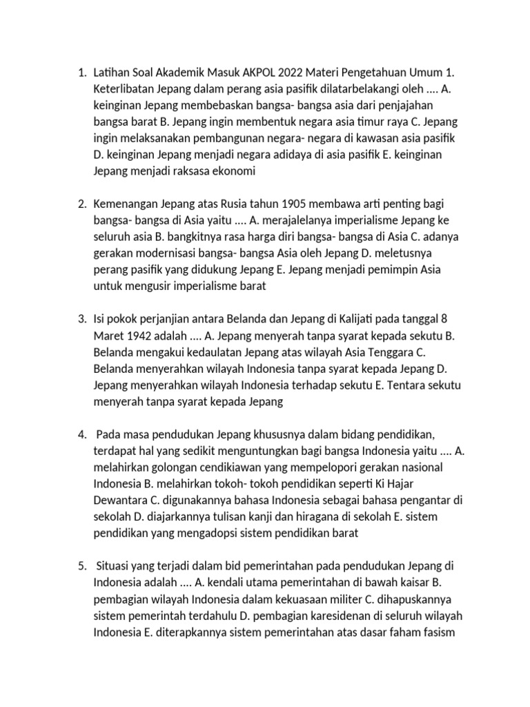Latihan Soal Akademik Masuk AKPOL 2022 Materi Pengetahuan Umum 1 | PDF