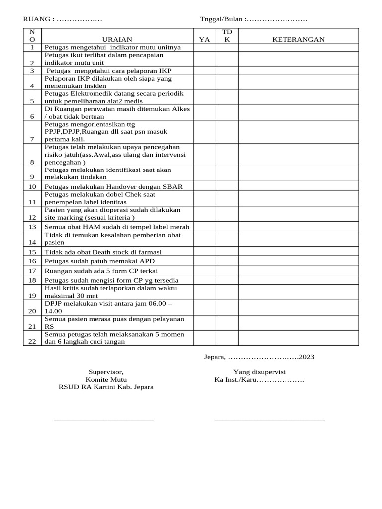 Check List Supervisi Indikator Mutu | PDF