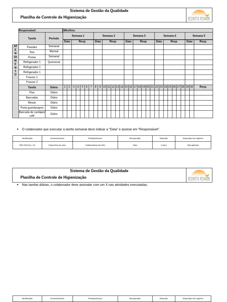 REG 004 - Planilha de Controle de Higienização | PDF