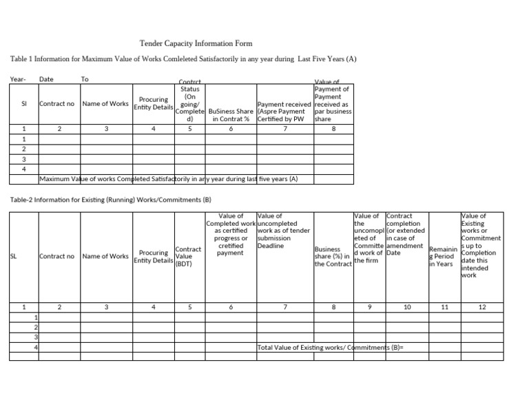 Form 1 - Tender Capacity Calculation Form | PDF | Business Law ...