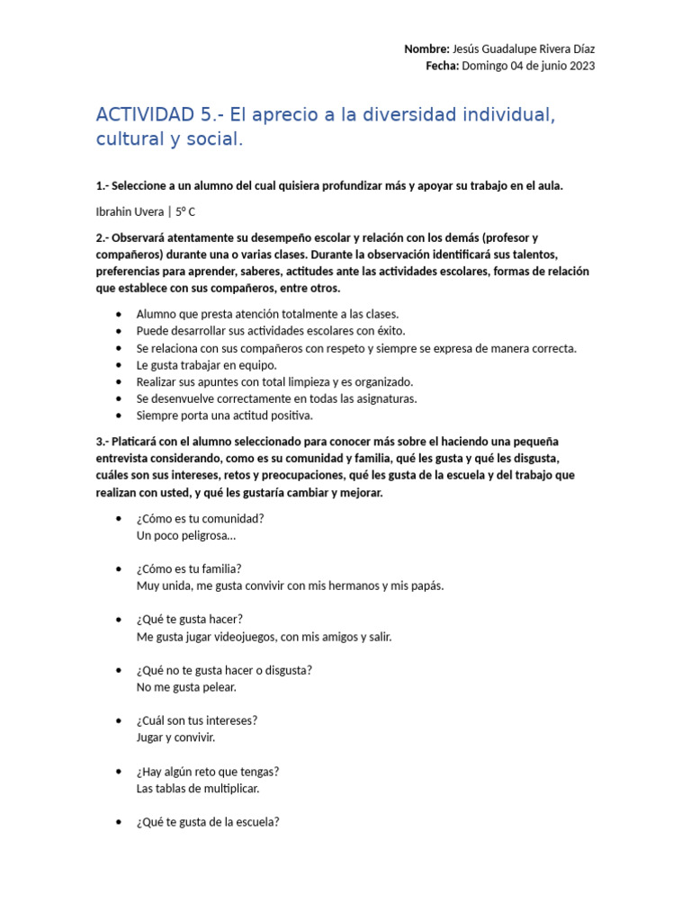 Actividad 5. El Aprecio A La Diversidad Individual, Cultural y Social ...