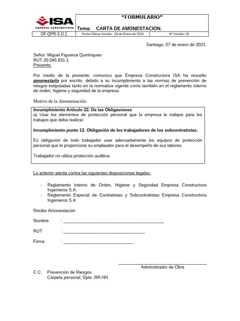 Plantilla Carta de Amonestación NO UTILIZAR EPP | PDF