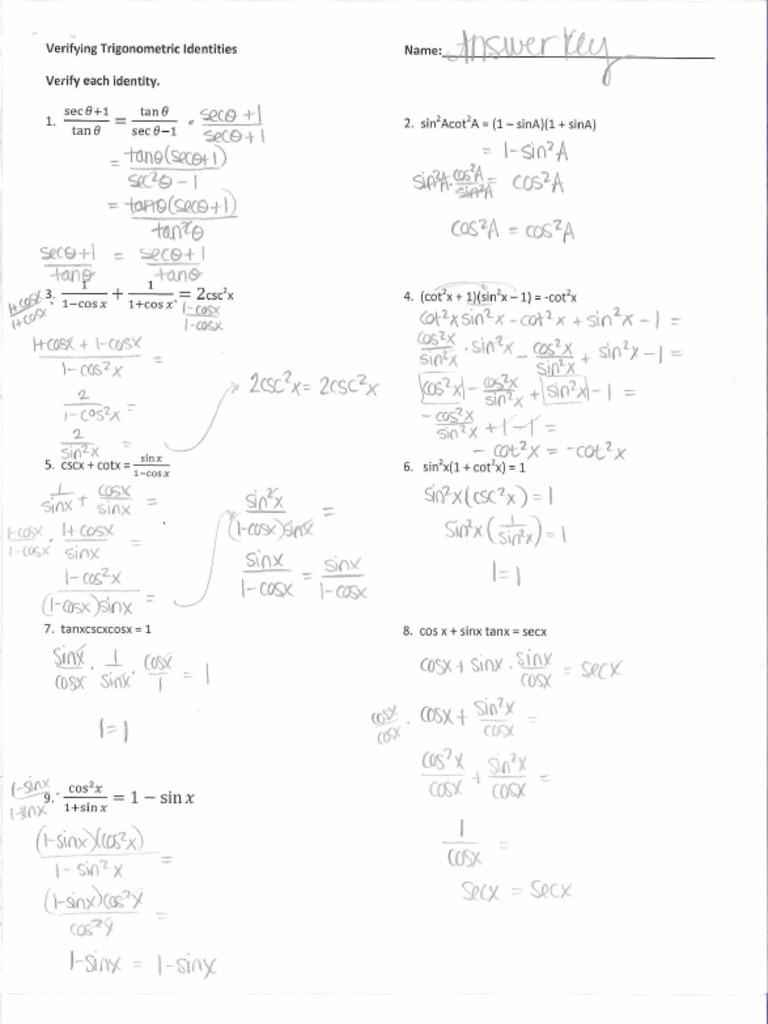 Verifying Trig Identities Answers | PDF