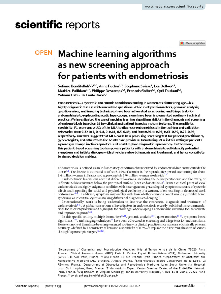 Machine Learning and Endometriosis | PDF