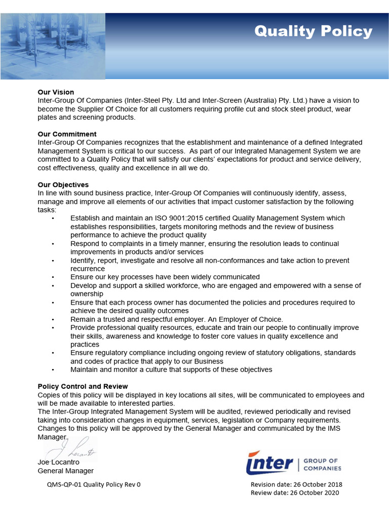 QMS QA QP 01 Quality Policy Rev 0 | PDF | Quality Management System ...