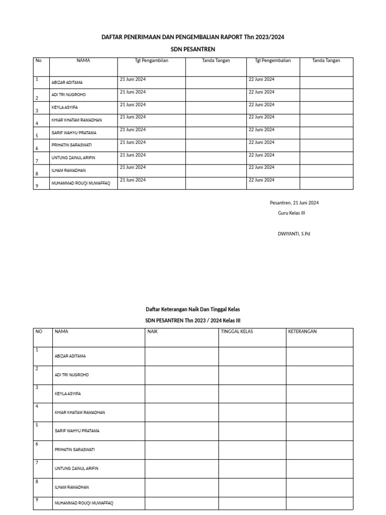 DAFTAR PENERIMAAN DAN PENGEMBALIAN RAPORT Thn 2023 | PDF