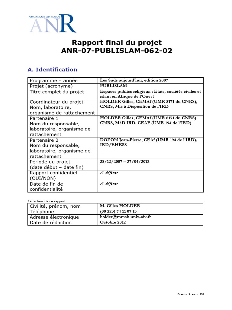 Rapport Final Du Projet ANR-07-PUBLISLAM-062-02: A. Identification | PDF