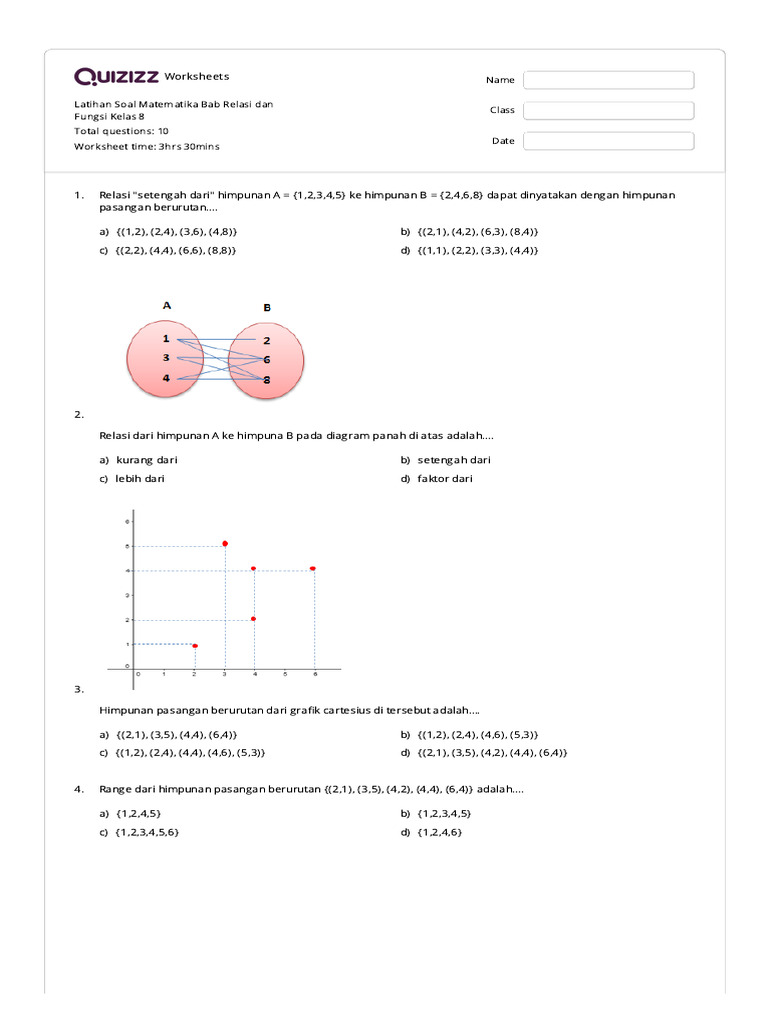 Latihan Soal Matematika Bab Relasi Dan Fungsi Kelas 8 - Quizizz | PDF