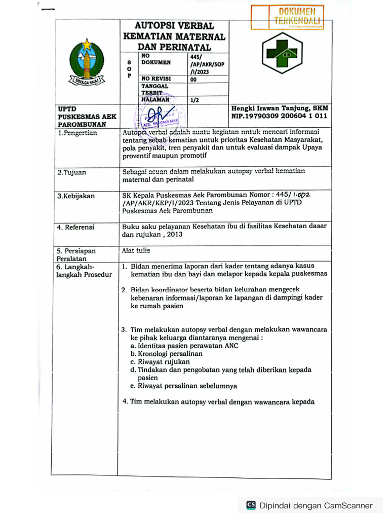 SOP Autopsi Verbal Kematian Maternal Dan Perinatal | PDF