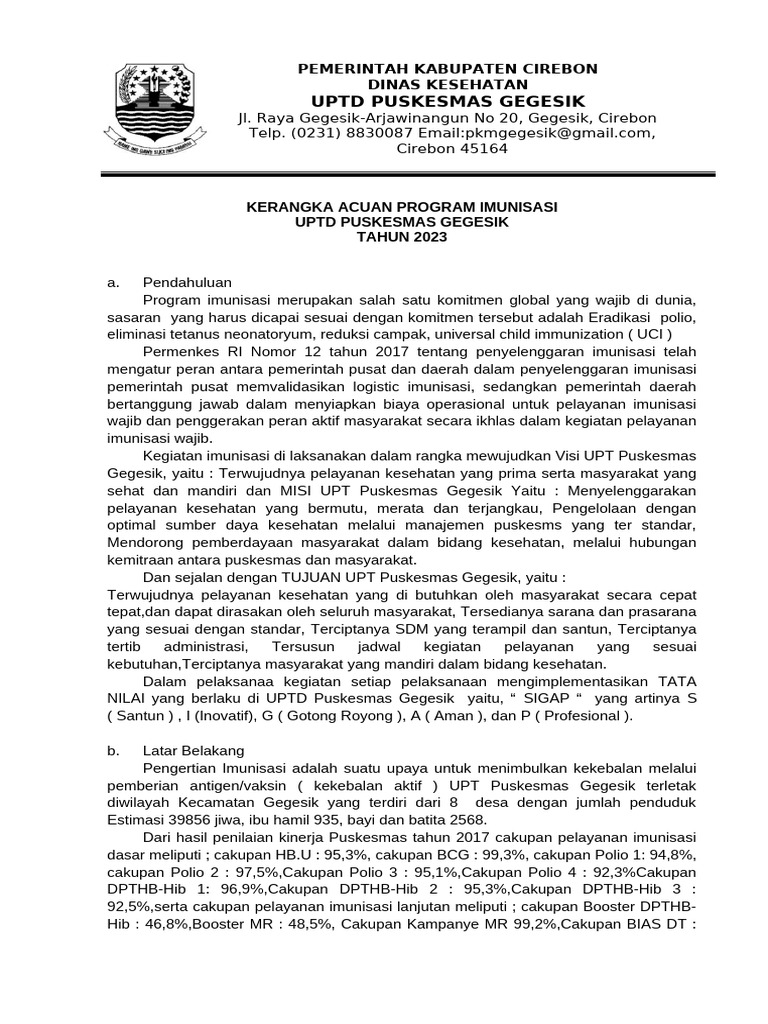 Kerangka Acuan Program Imunisasi 2023 Gegesik | PDF