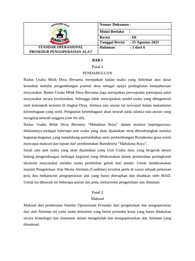 SOP Alsintan Combine | PDF