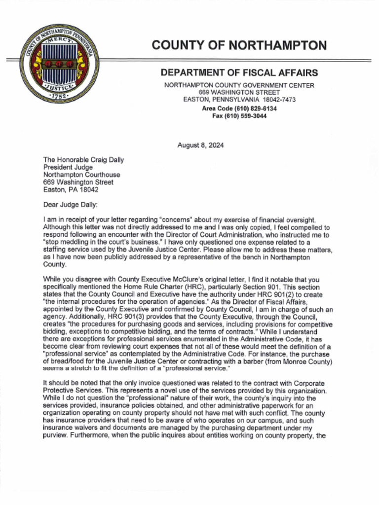 Letter From Fiscal Director To PJ Re Corporate Protective Services | PDF