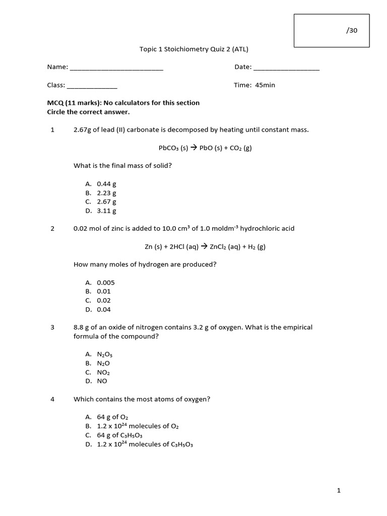 Ib Chem Topic 1 Stoichiometry Quiz 2 - With All The Answers | PDF