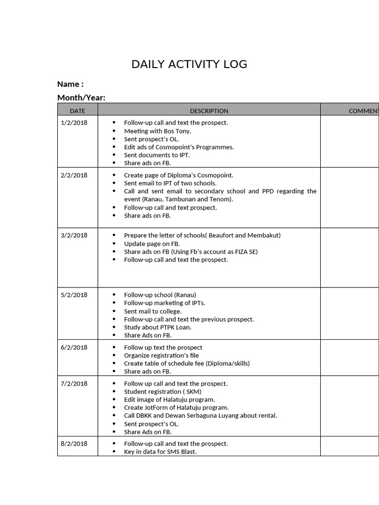Sample Daily Activity Log | PDF