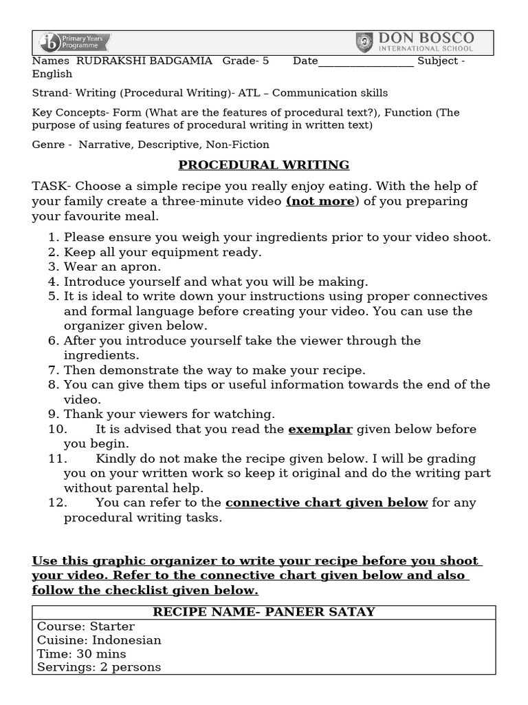 Procedural Writing - Exemplar and Recipe of Choice. | PDF