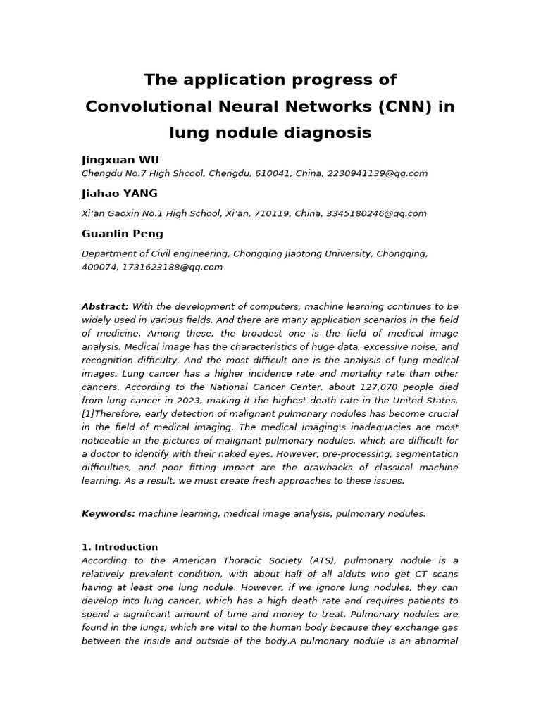 The Application Progress of Convolutional Neural Networks (CNN) in Lung Nodule Diagnosis | PDF