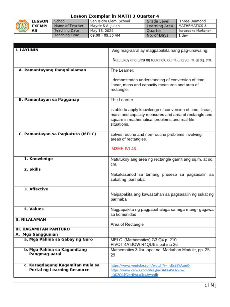 Cot3 Math q4 Week 5 - Area of Rectangle - Julian Mayrie | PDF