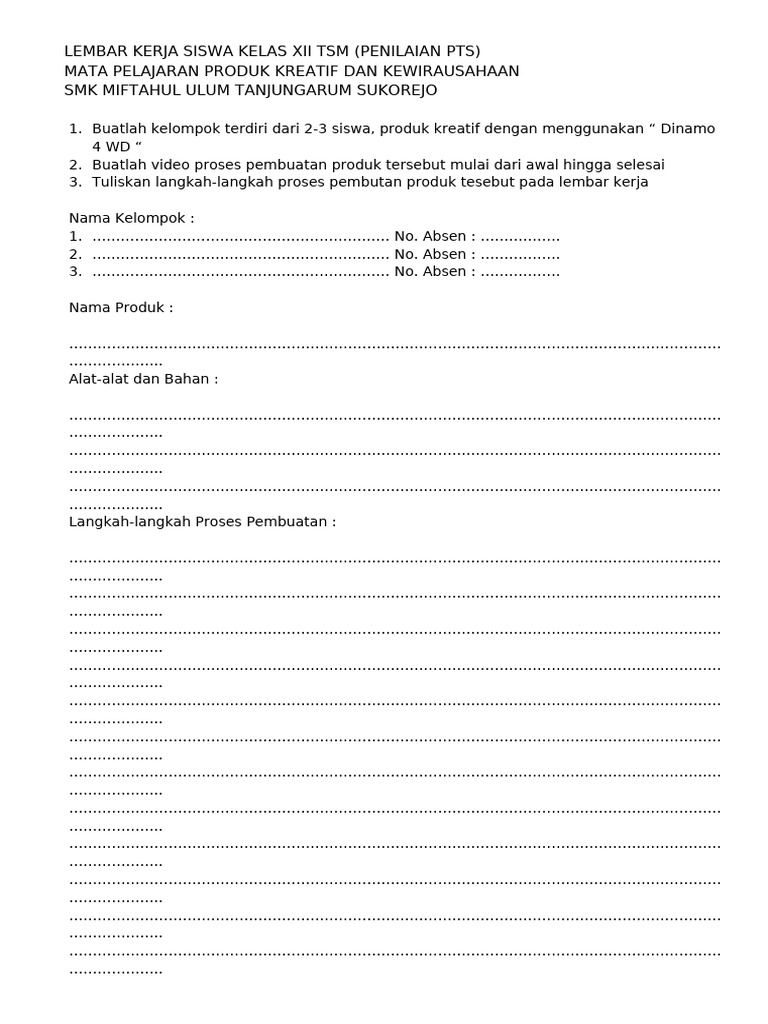 Lembar Kerja Siswa Kelas Xii TSM | PDF