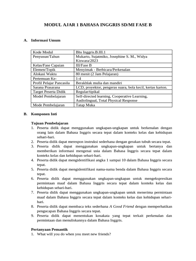Modul Ajar Grow With English Kelas III Bab 1 | PDF
