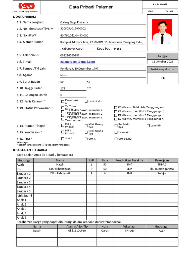 Data Pribadi Pelamar Revisi 02 | PDF