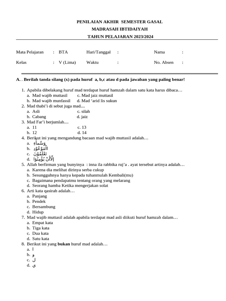 Pas Bta Kelas V | PDF