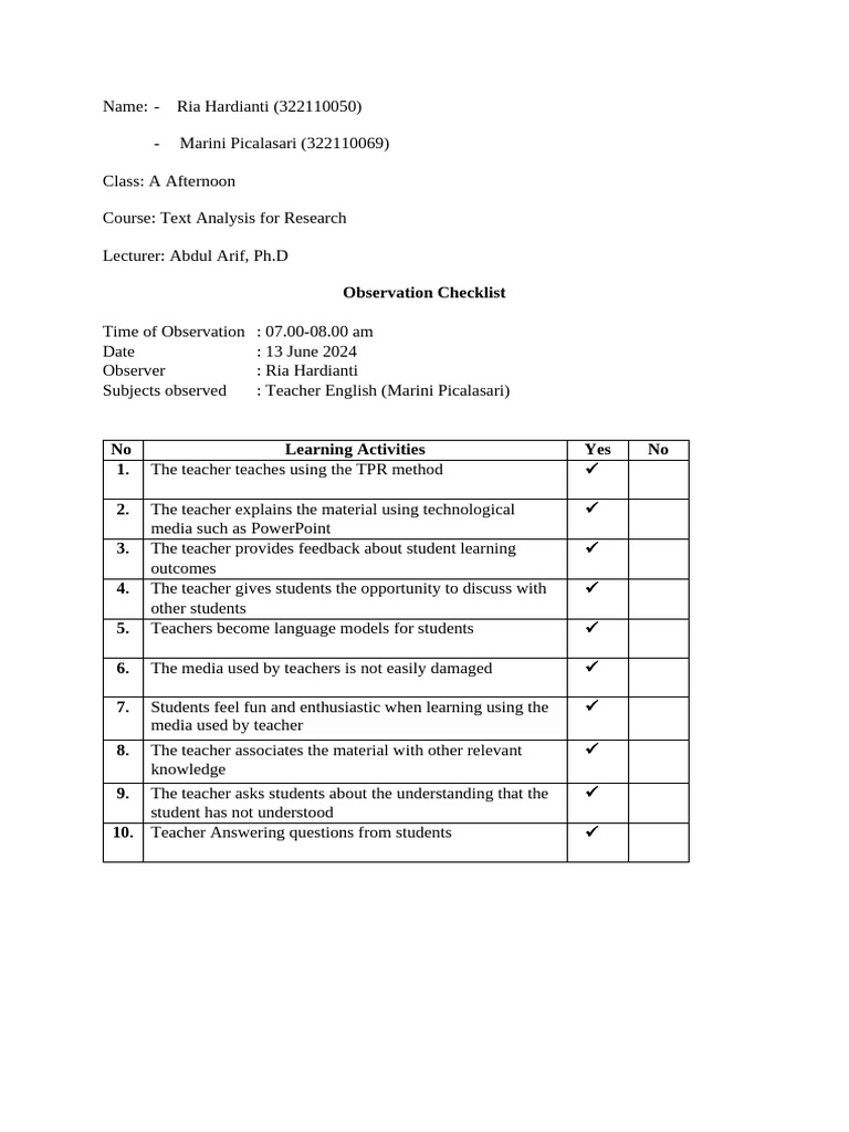 Field Notes and Observation Checklist | PDF
