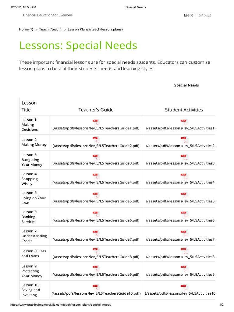 Practical Money Program For SEN | PDF