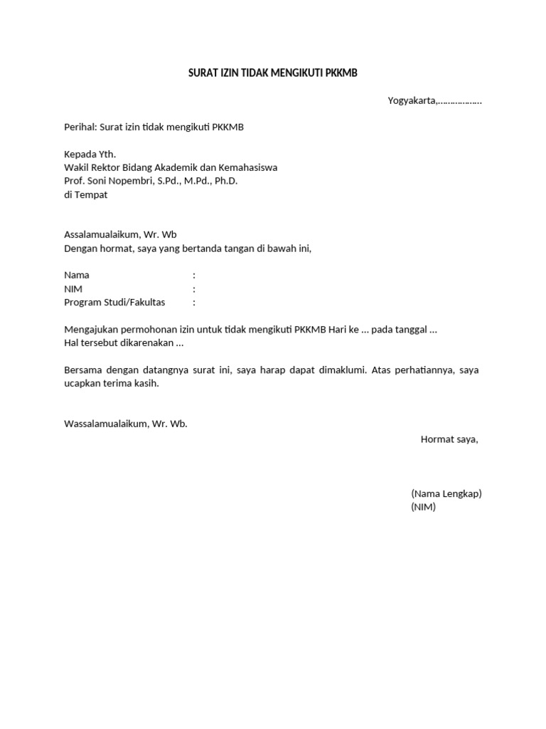 Template Surat Izin Tidak Mengikuti PKKMB | PDF