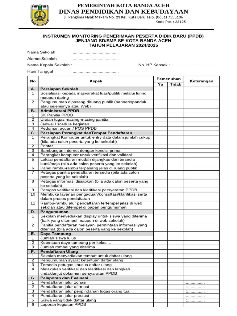 Instrumen Monitoring PPDB SD & SMP TP 2024-2025 | PDF