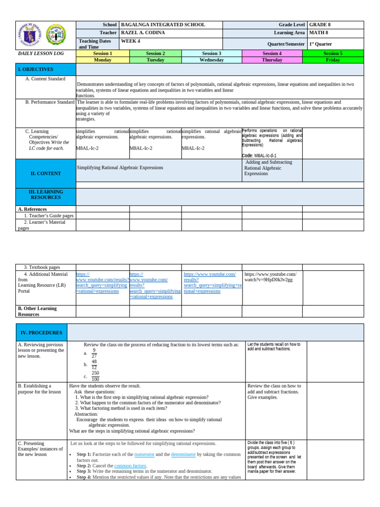 WEEK 4 DLL MATH 8 QUARTER 1 | PDF