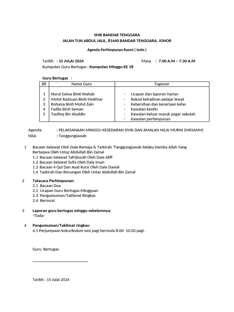 Laporan-Perhimpunan-Mingguan SMKBT | PDF