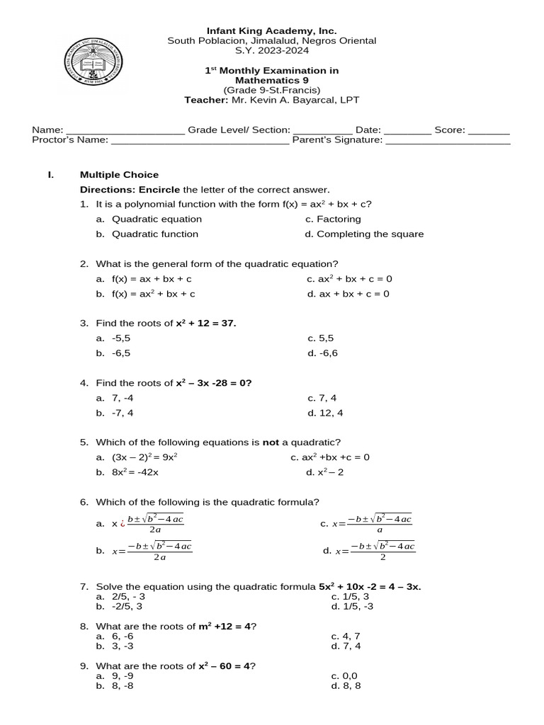 TQ Grade 9 Math | PDF | Quadratic Equation | Abstract Algebra