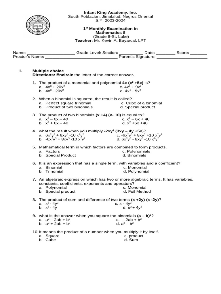 TQ Grade 8 Math | PDF | Polynomial | Numerical Analysis