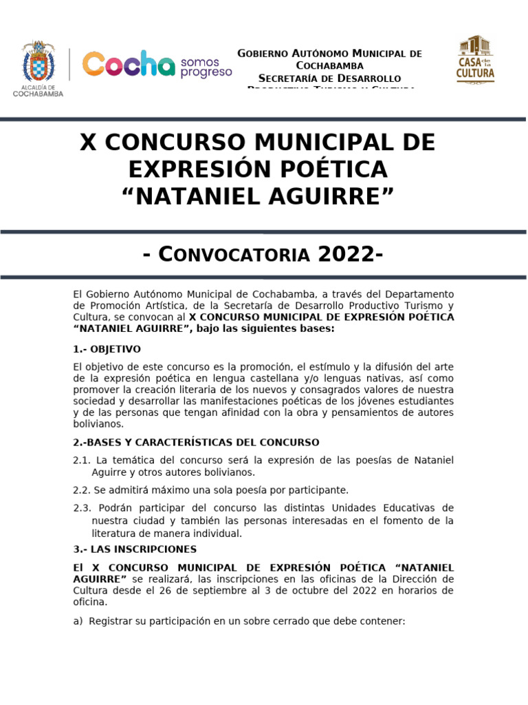 Ix Concurso Municipal de Expresión Poética "Nataniel Aguirre" - Convocatoria 2021 | PDF