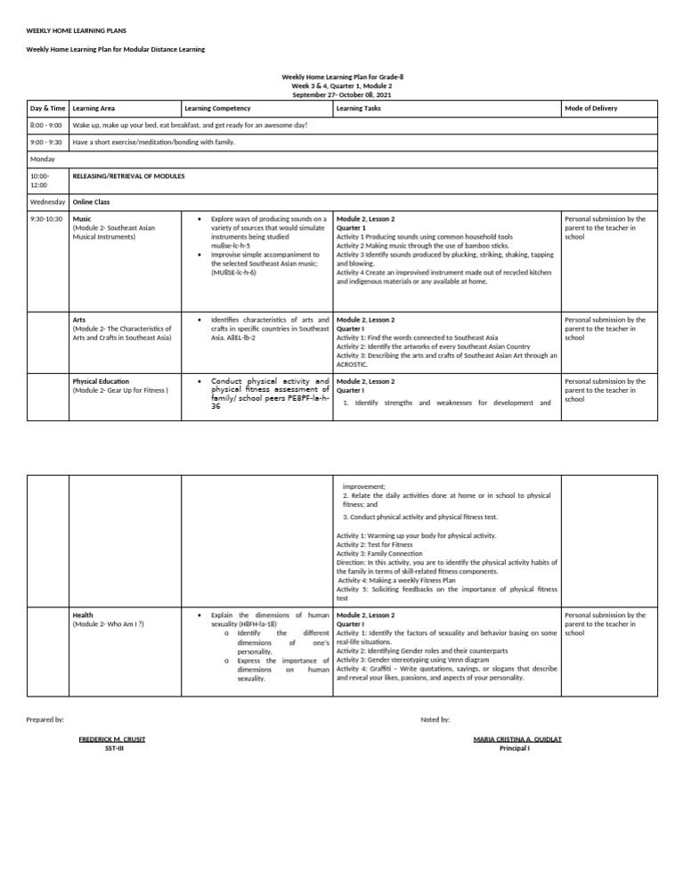 WHLP Q1 Mapeh W3 & W4 | PDF